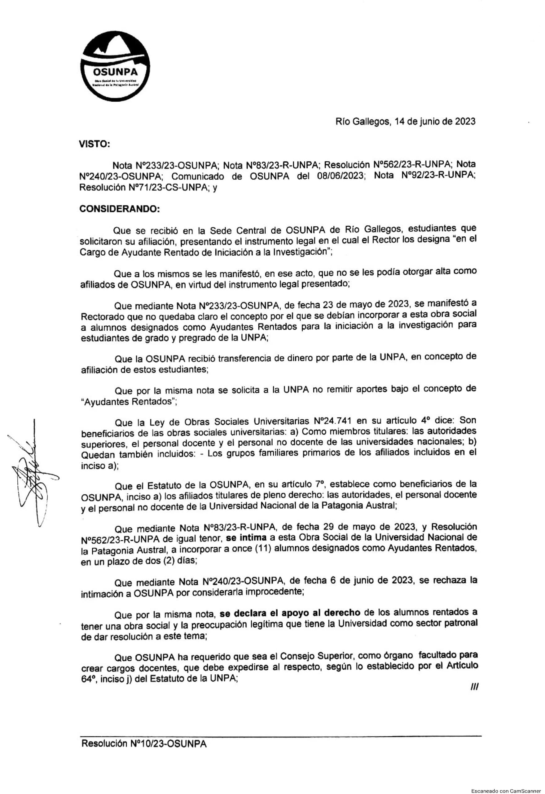 Nueva Resolución N°010/23 – OSUNPA